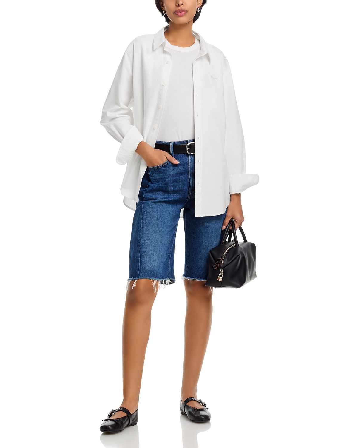 MOTHER The Halfpipe High Rise Bermuda Fray Jean Shorts